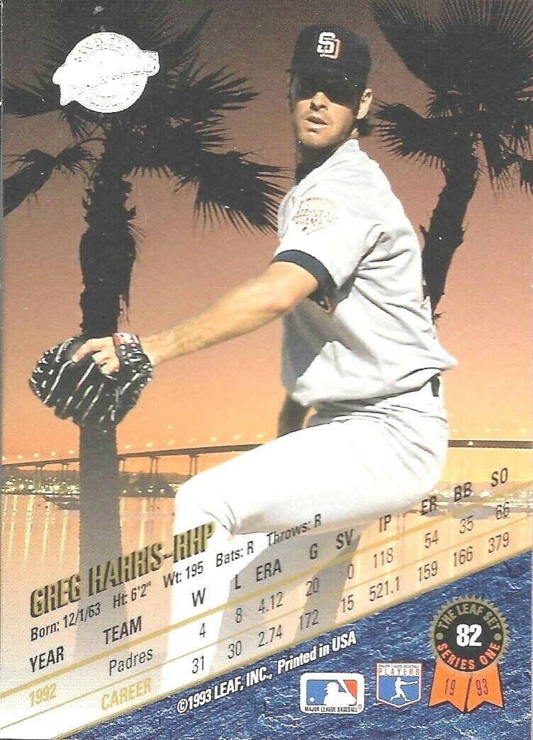 1993 Leaf Greg Harris 82 San Diego Padres Series Two Baseball Vintage ...
