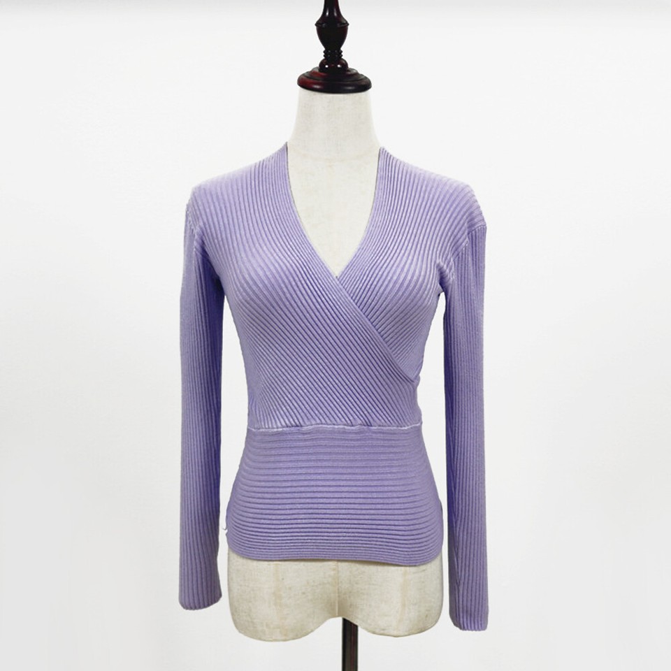 Lady Ribbed Knit Sweater Cross Over Front Deep V Neck Pullover Jumper ...