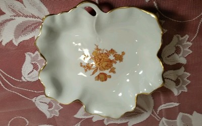 Vintage Limoges Leaf Shaped Candy Dish With Gold Roses and Trim Made In ...
