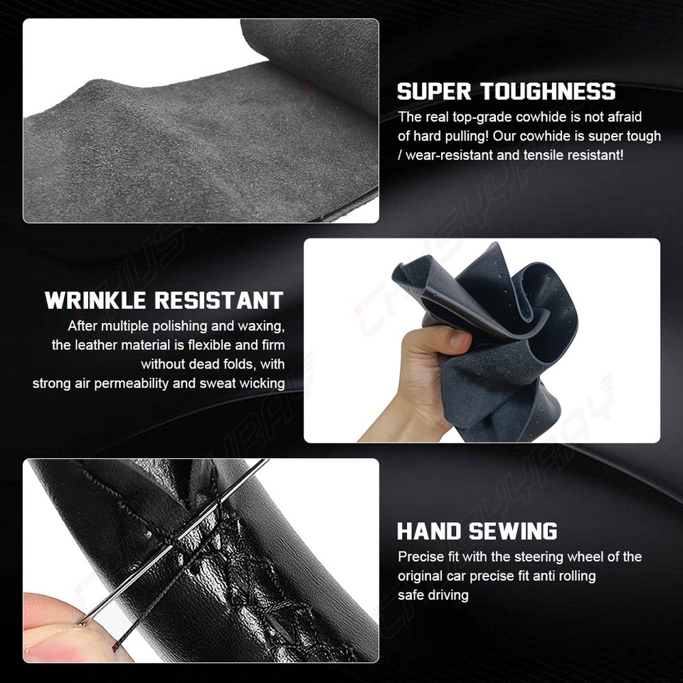 New Black Genuine Leather DIY Car Steering Wheel Cover With Needles and ...