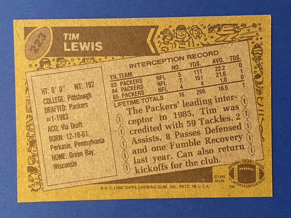 TIM LEWIS Signed 1986 Topps #223 Green Bay Packers Pitt Panthers ...