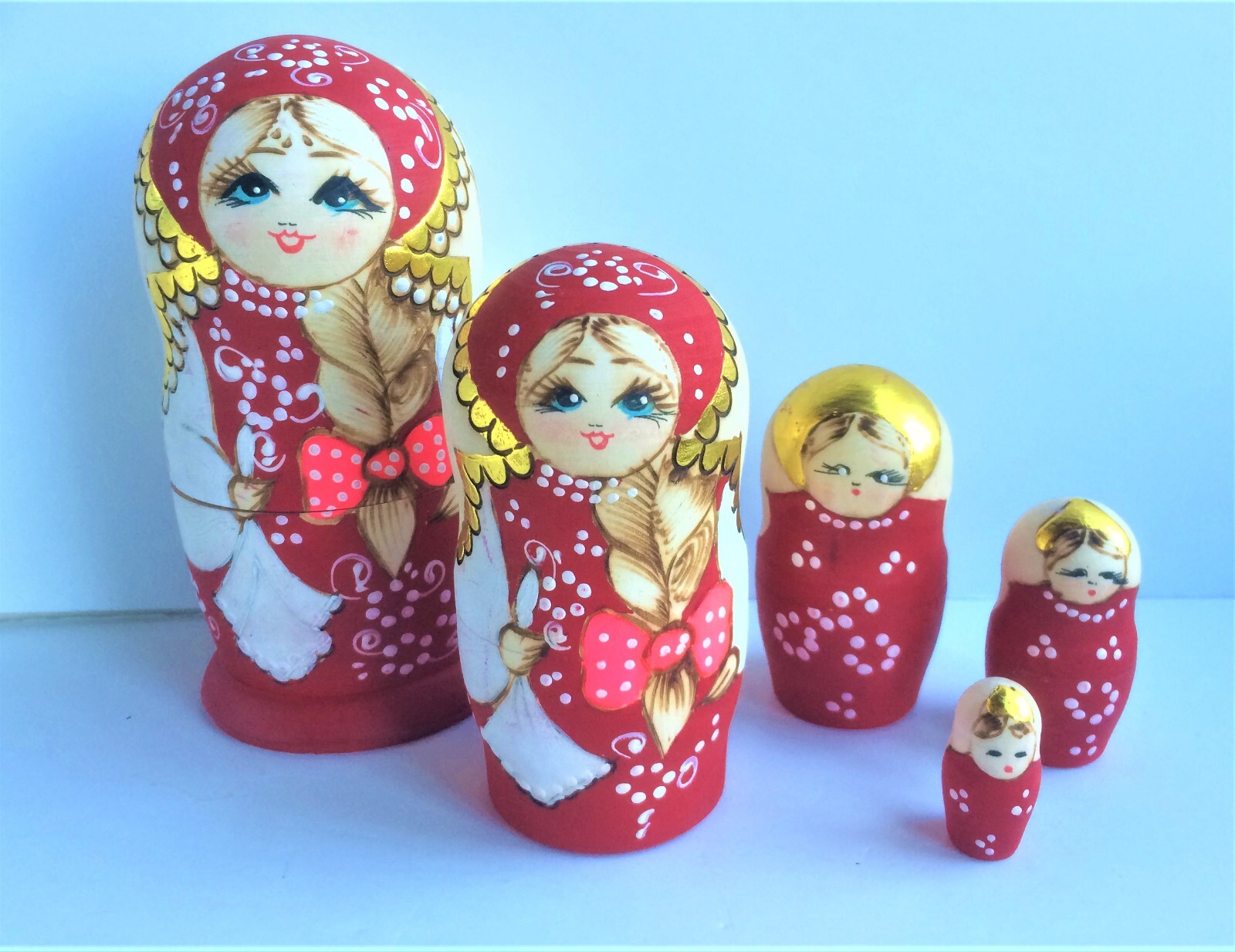 Russian Matryoshka 5 Pc. Nesting Doll Burnt & Painted Wood w/ Gold ...