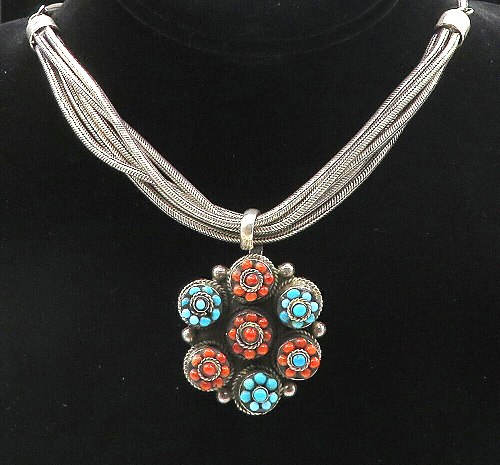 MIDDLE EAST 925 Sterling Silver Vintage Turquoise & Coral Chain ...