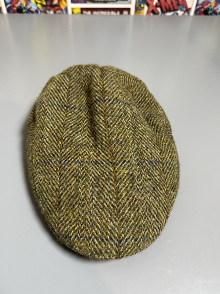 Harris Tweed 100% Wool Flat Cap Mens Herringbone Green Shooting Walking ...