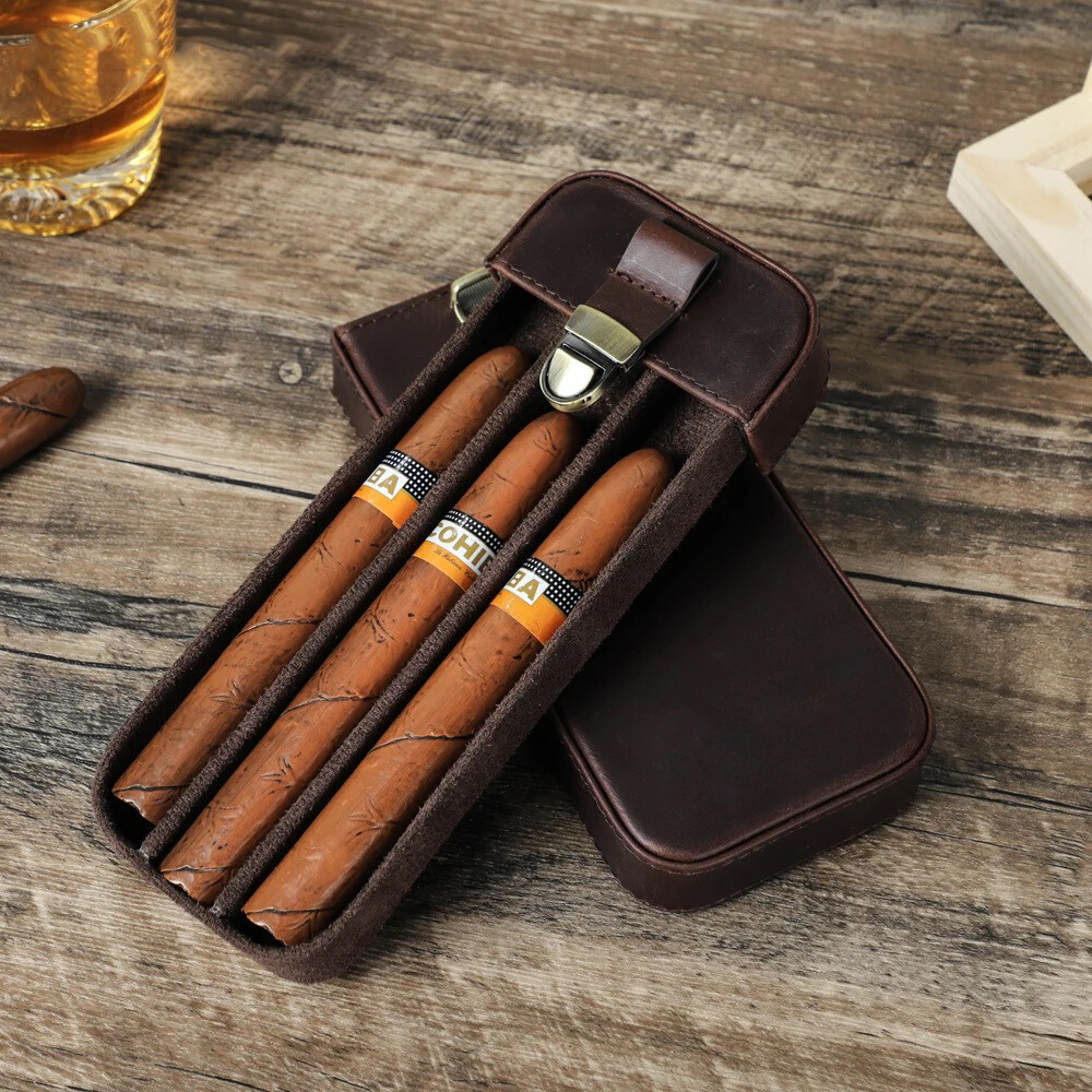 Genuine Leather Cigar Case Luxury Travel Cigars Bag Humidor 3 Tube ...