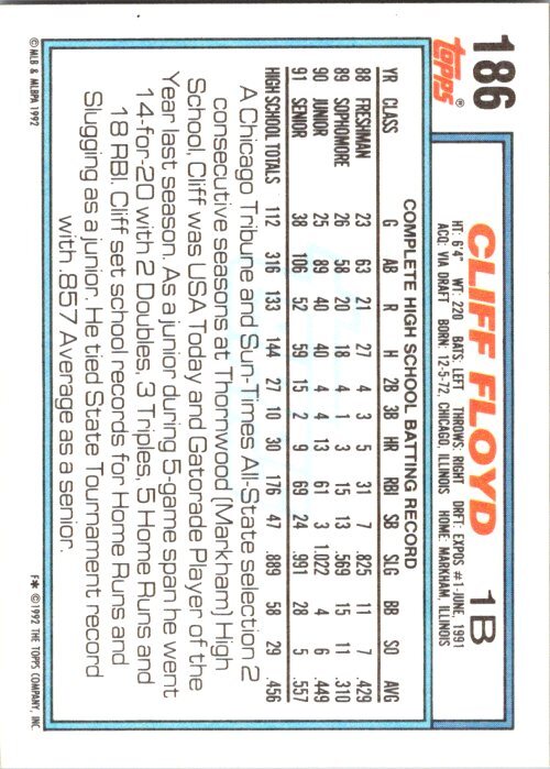 1992 Topps Cliff Floyd DPK, RC 186 Montreal Expos | eBay