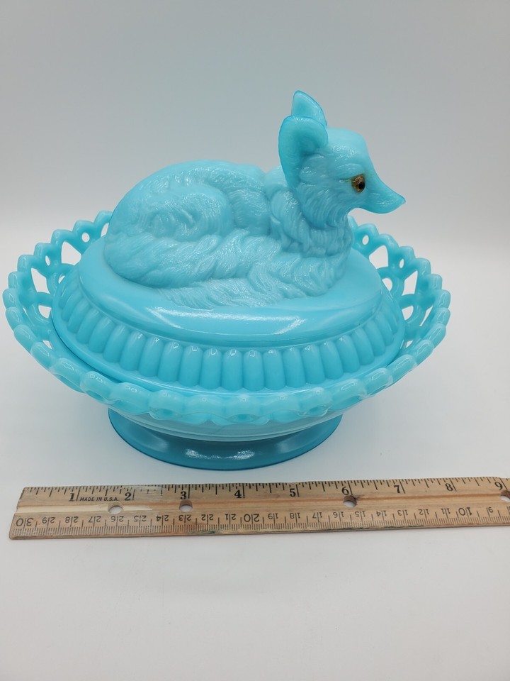 Vtg Westmoreland Glass Blue Slag Milk Fox Candy Dish Amber Glass Eyes ...