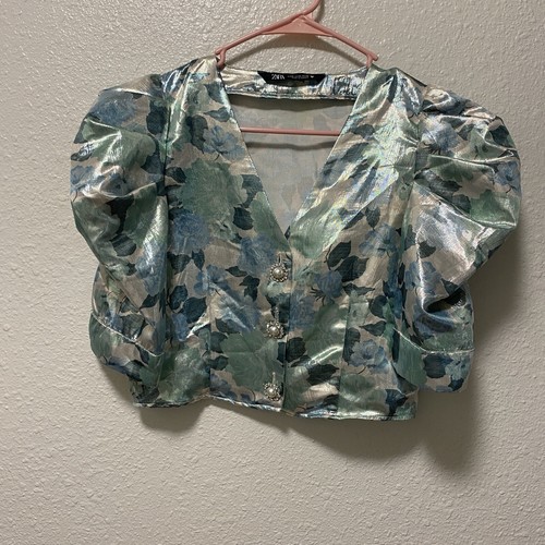 zara crop top medium metallic m green blue silver festival rave puff ...