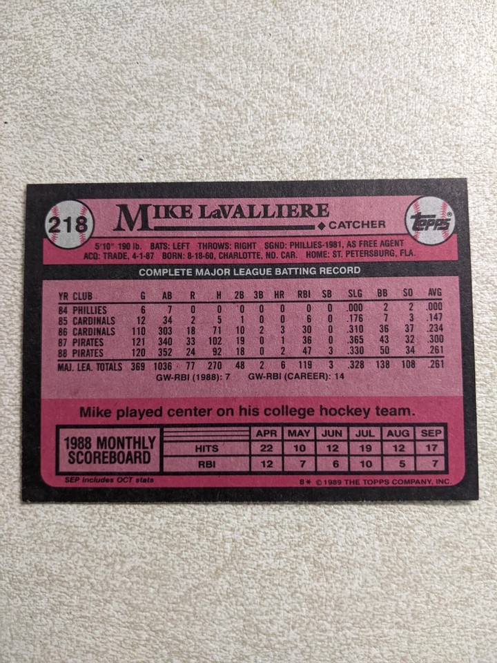 Topps #218~1989 Mike LaValliere Baseball Card~Pirates Catcher~Mint ...