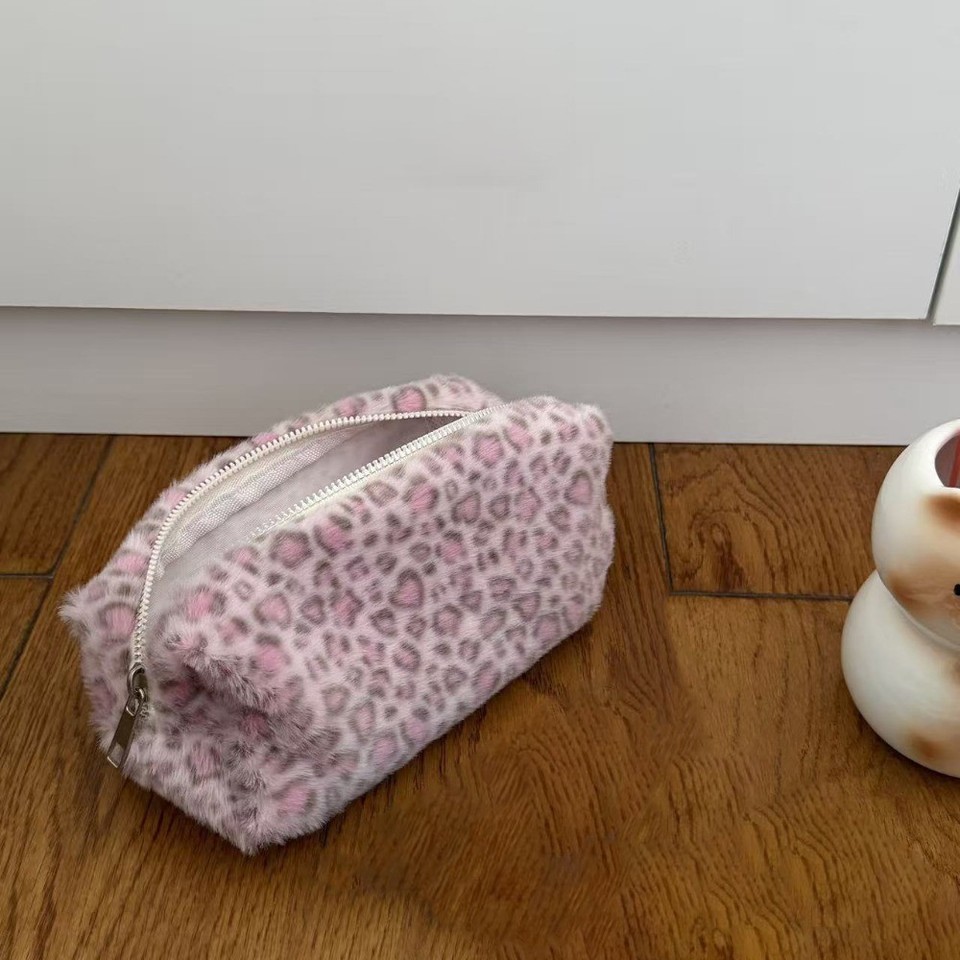 Leopard Print Pen Bag Plush Stationery Pouch Makeup Bag Students Gift ...