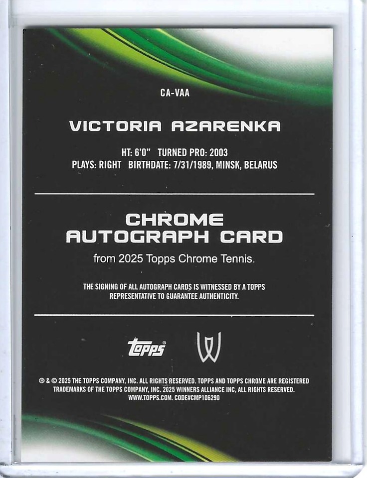 2025 TOPPS CHROME TENNIS CA-VAA VICTORIA AZARENKA AUTO SSP RED REF 3/5 ...