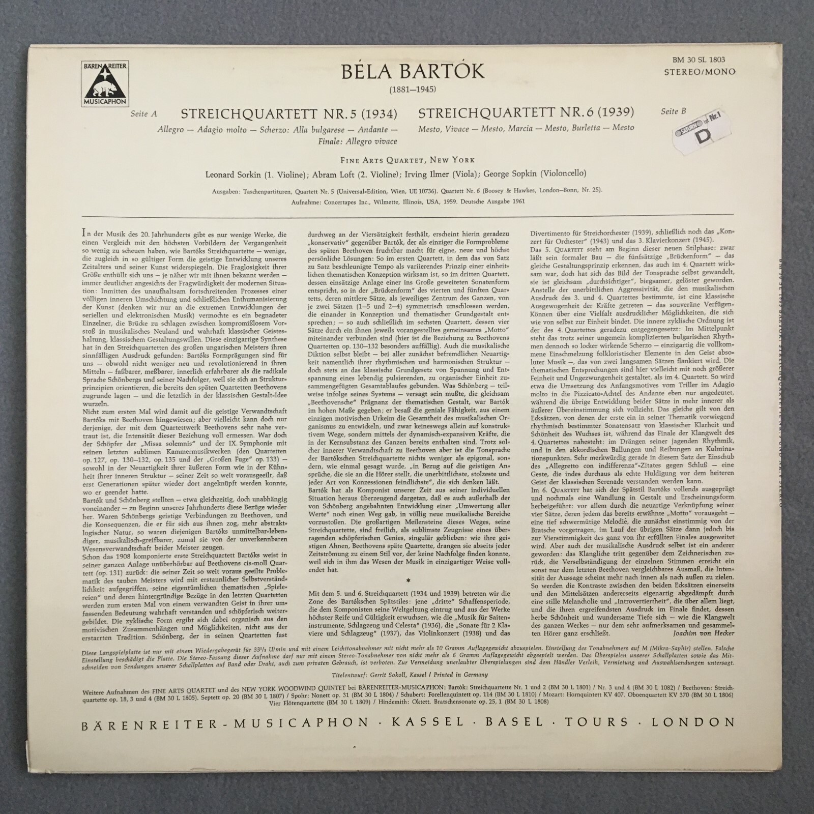 Z770 Bartok String Quartets Fine Arts Quartet Sorkin Loft BM 30 SL 1803 ...