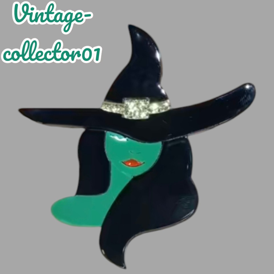 Modern Arcrylic Handmade BROOCH Stunning Green Witch Big Hat Boxed BN ...