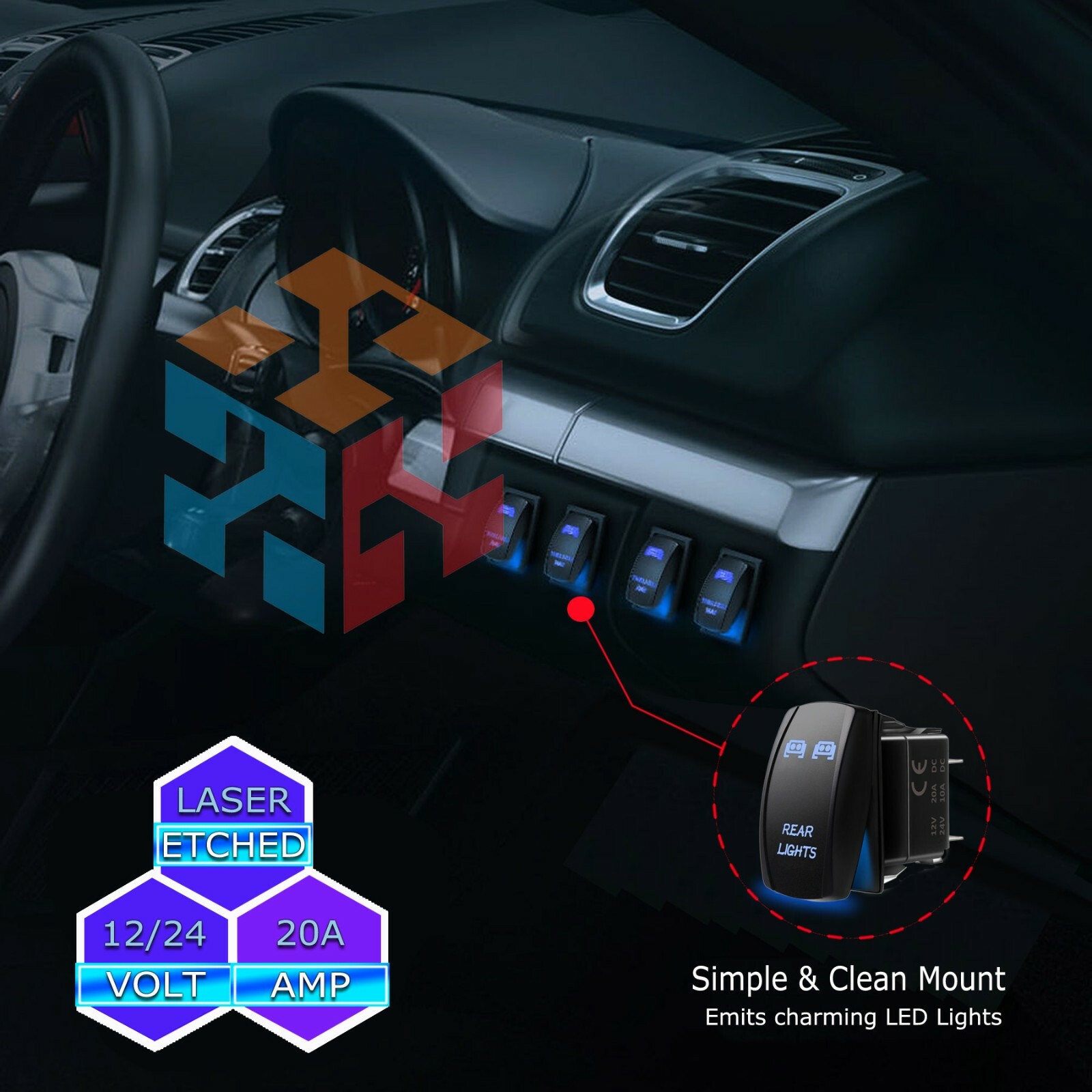 Blue Laser Rocker Switch Rear LED Light Bar On-Off 5 Pins 12V 20A Car ...