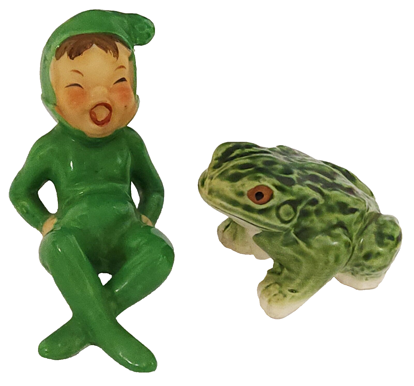 Vintage 1950's Green Ceramic Impish Pixie Elf & Frog Figurines Japan 2 ...