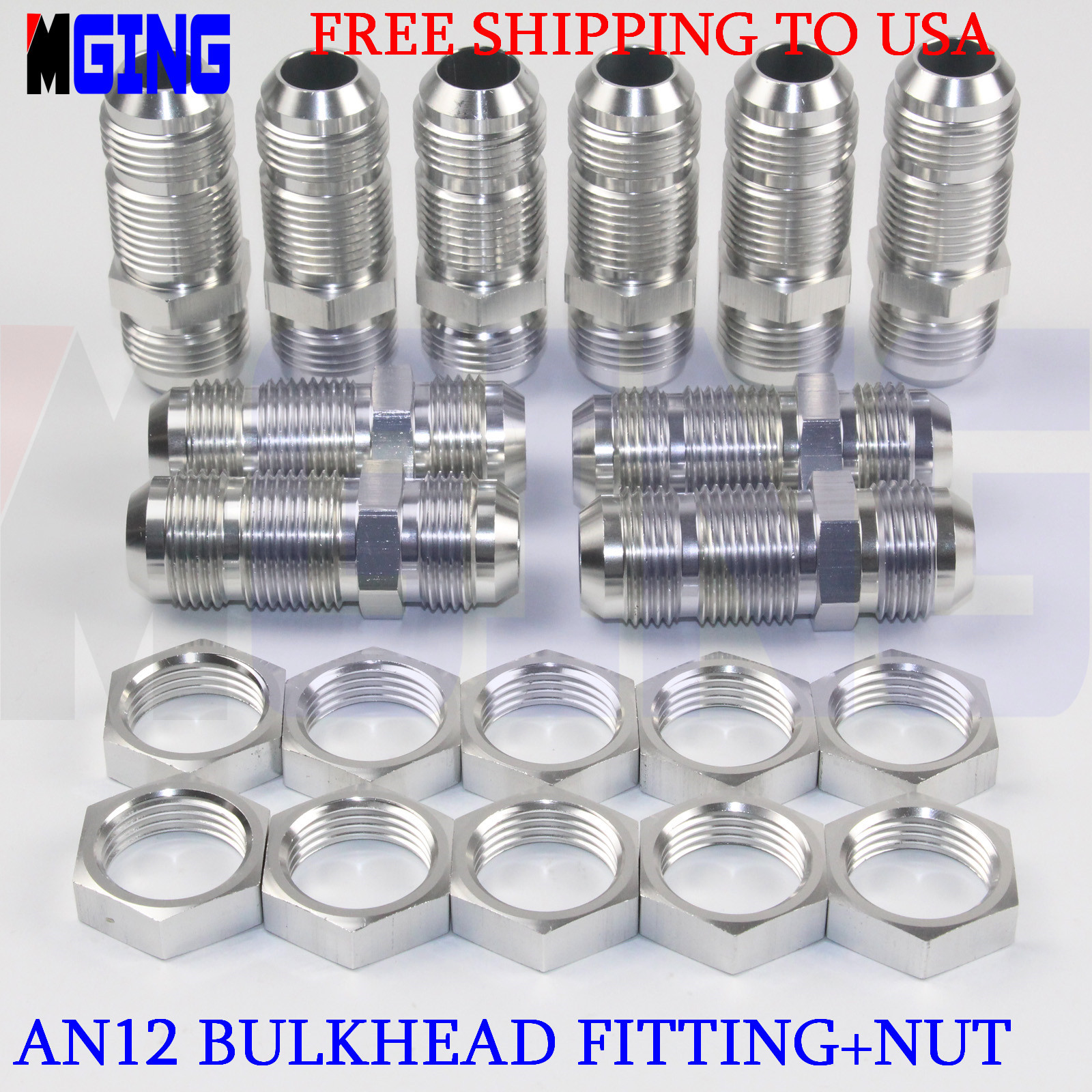 AN12 12AN Male Straight Bulkhead Thread Fitting Adapter + Nut SL 10PCS ...
