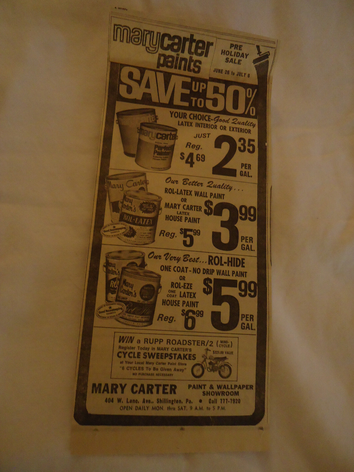 Mary Carter paint 1972 SHILLINGTON PA newsprint ad | eBay