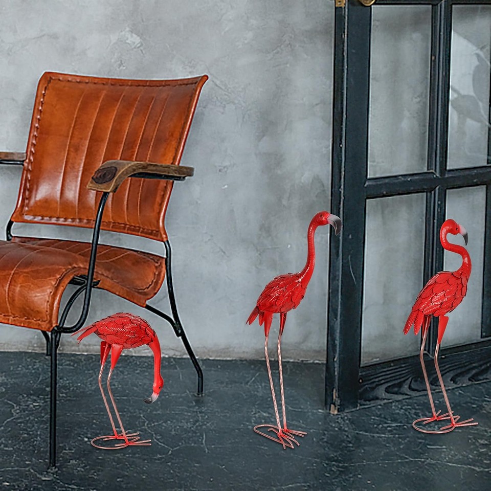 3Pcs Flamingo Garden Statues Metal Red Flamingo Yard Art Outdoor ...