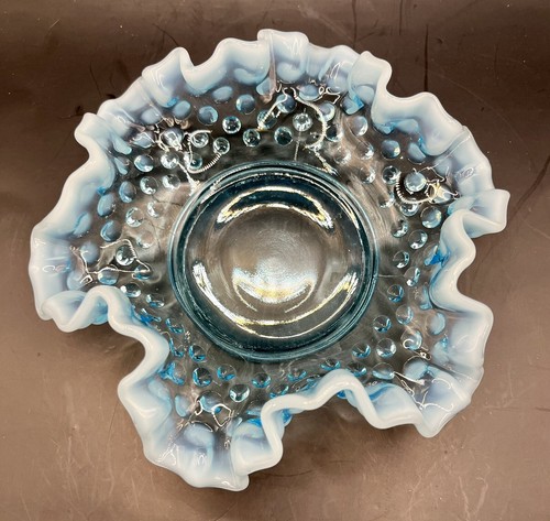 Vintage Fenton Art Glass Hobnail Crimped Ruffle Bowl Opalescent Blue 6 ...