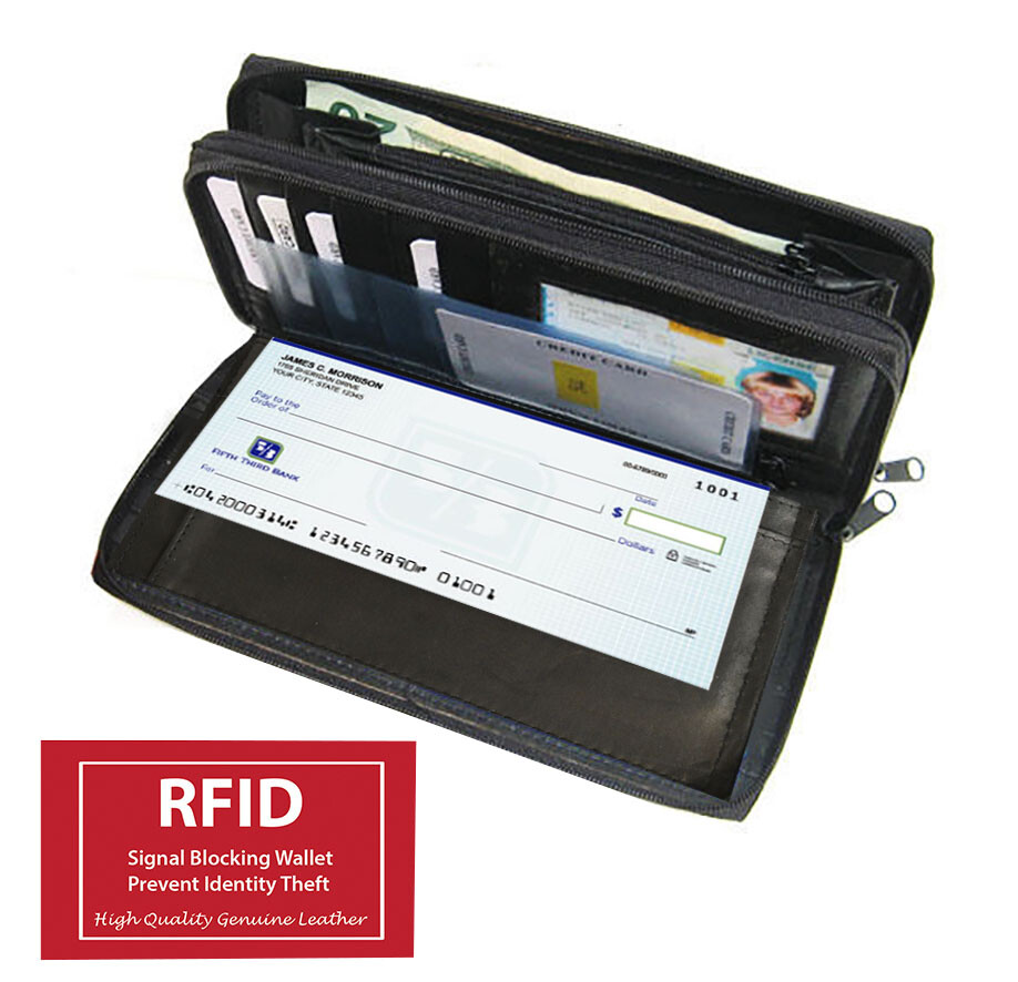RFID Blocking Genuine Leather Checkbook Secretary Wallet 2 Zipper Card ...