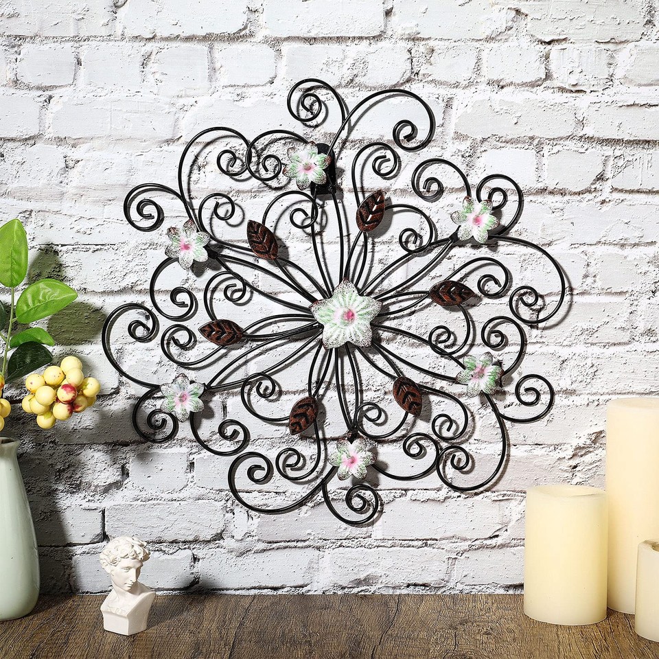 12 Inch Metal Flower Wall Decor with Rust Leaf Large Floral Metal Wall ...