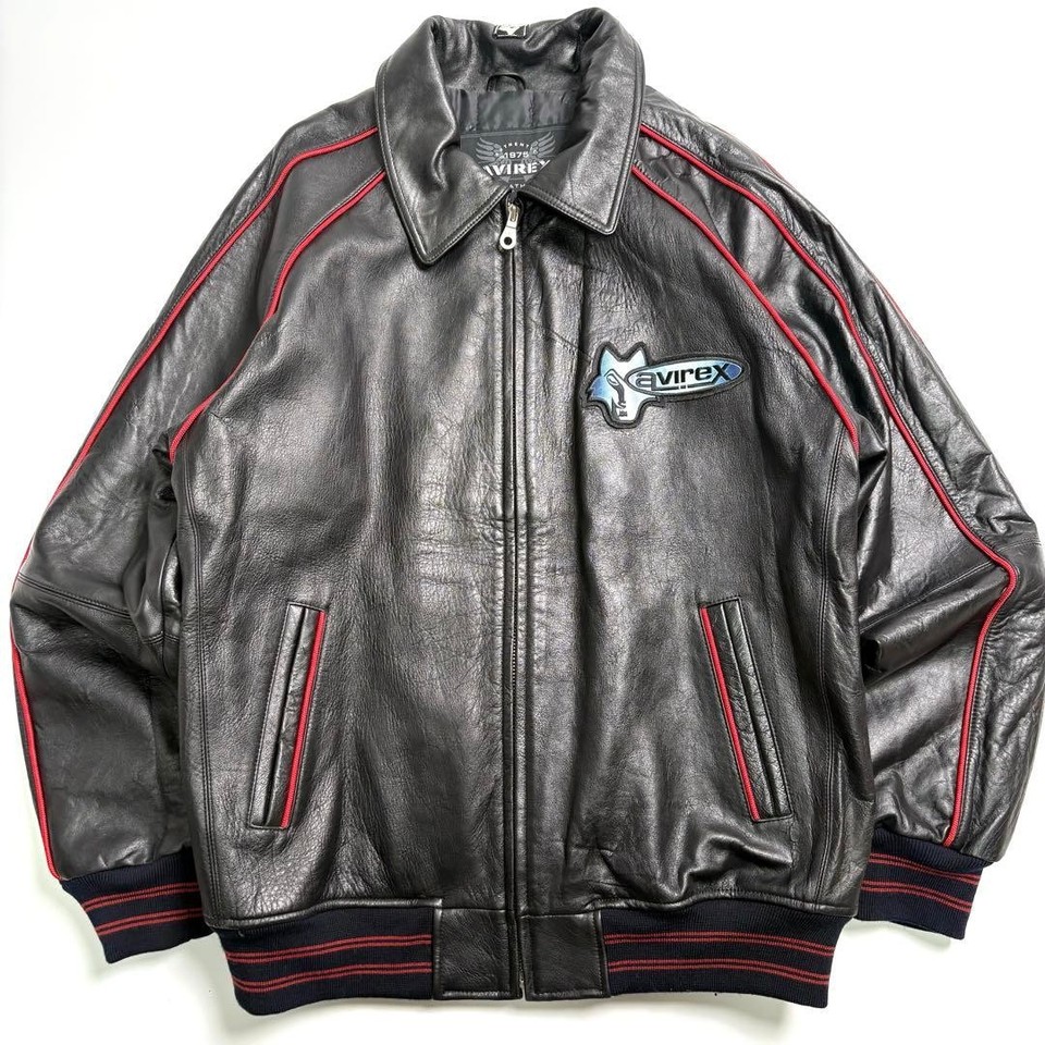 AVIREX Leather Jacket Varsity Black Bold Patch Design Authentic Used ...
