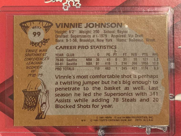1981/82 Topps #99 West Vinnie Johnson Seattle Supersonics Rookie Card ...