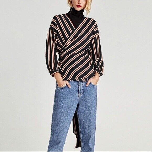 Zara Basic Collection Women Blouse Wrap Size XS striped Red Blue Cream ...