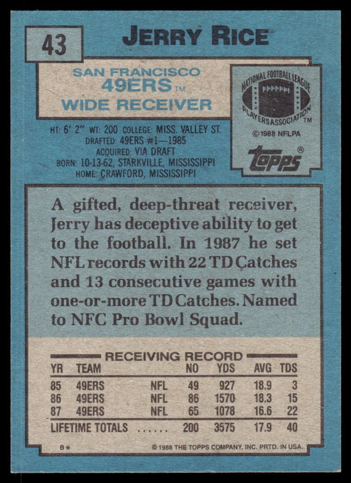 1988 Topps Jerry Rice #43 San Francisco 49ers Football Card | eBay