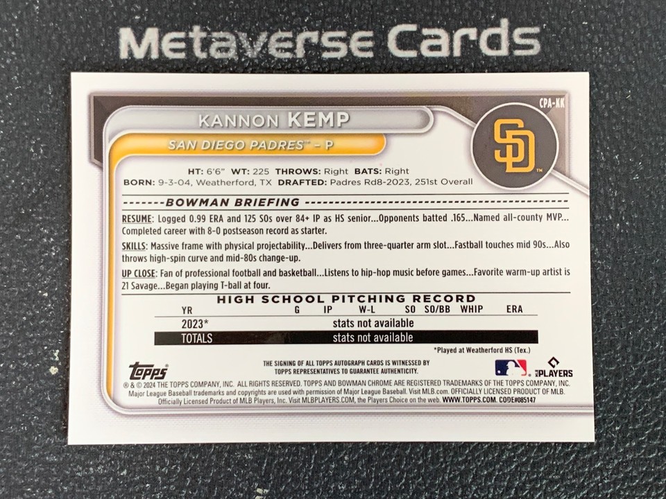 2024 Bowman Chrome 1st Prospect Autograph Speckle Kannon Kemp 224/299 ...