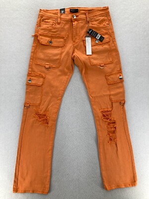 Preme Jeans Mens 34x34 Semi Stacked Fit Cargo Utility Orange Distressed ...