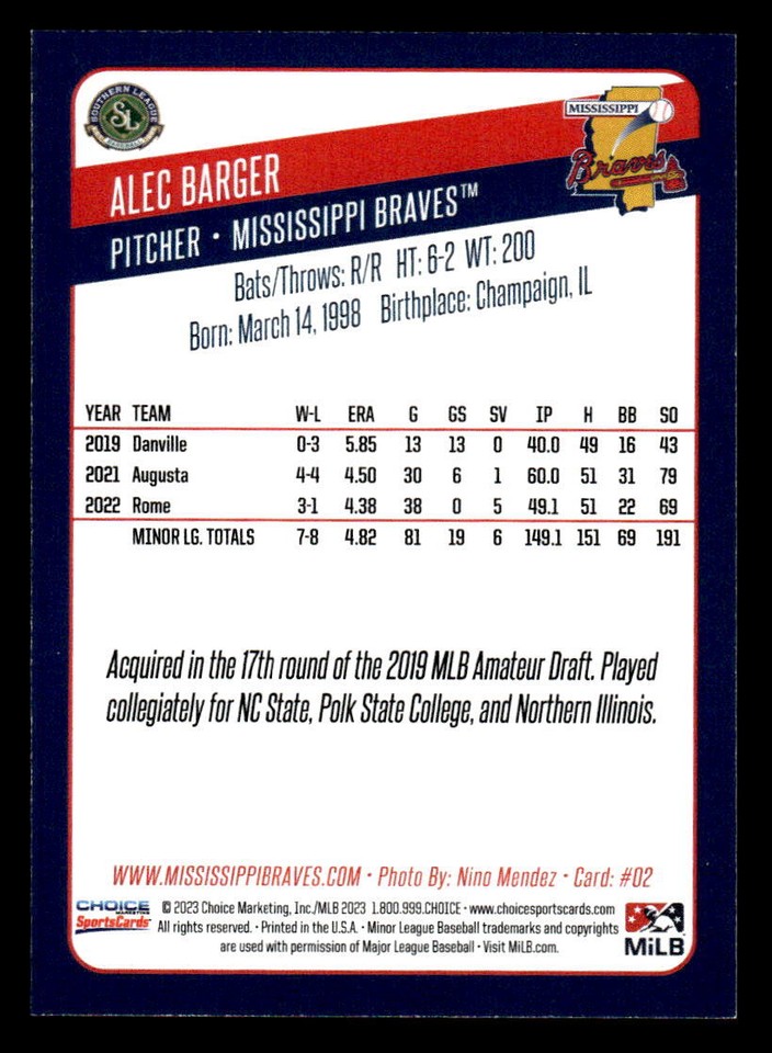 Alec Barger 2023 Choice Mississippi Braves #02 Mississippi Braves | eBay