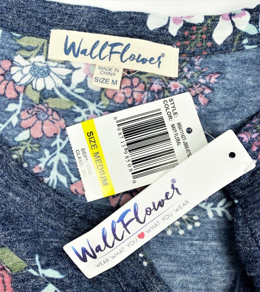 Junior Medium WallFlower Blue Floral Jersey T Shirt Tie Bottom Button Front | eBay