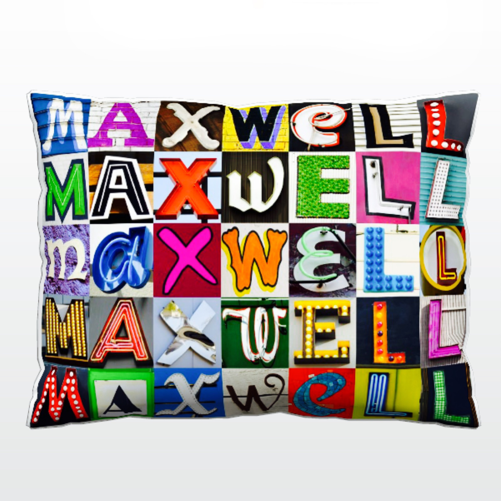 Personalized Pillow featuring the name MAXWELL in photos of sign ...