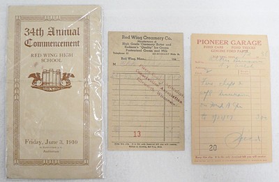 VINTAGE RED WING MINNESOTA CREAMERY & GARAGE RECEIPTS + 1910 ANNUAL ...