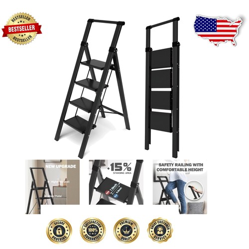 Sleek Black Folding Step Ladder with Anti-Slip Steps - Sturdy and Easy ...
