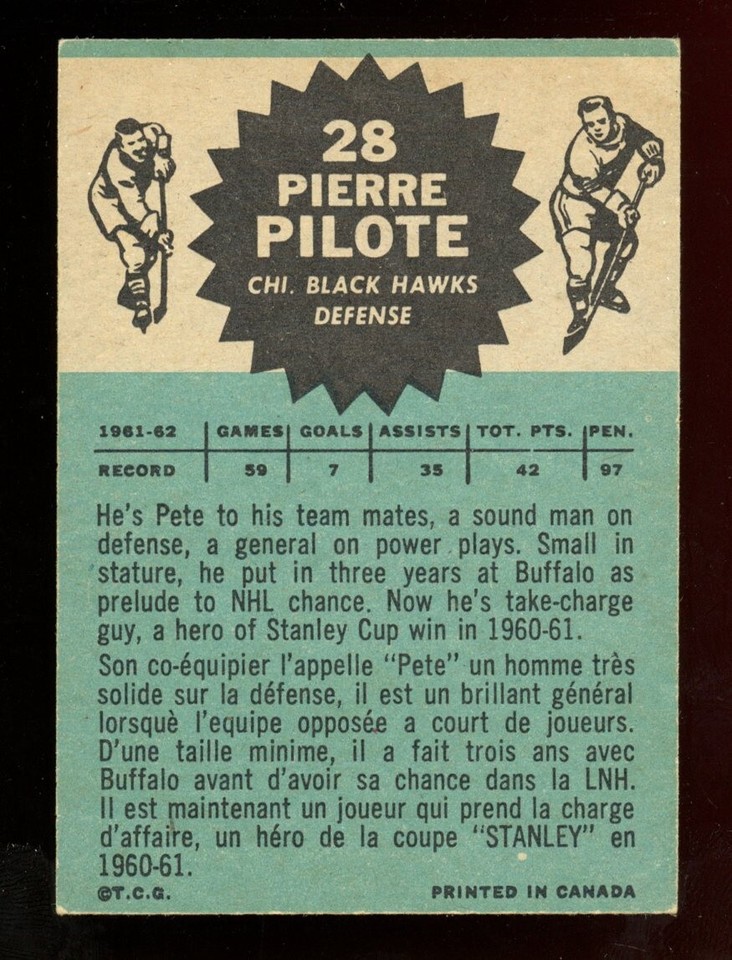1962-63 TOPPS NHL HOCKEY #28 Pierre Pilote HOF EX-NM Chicago Black ...