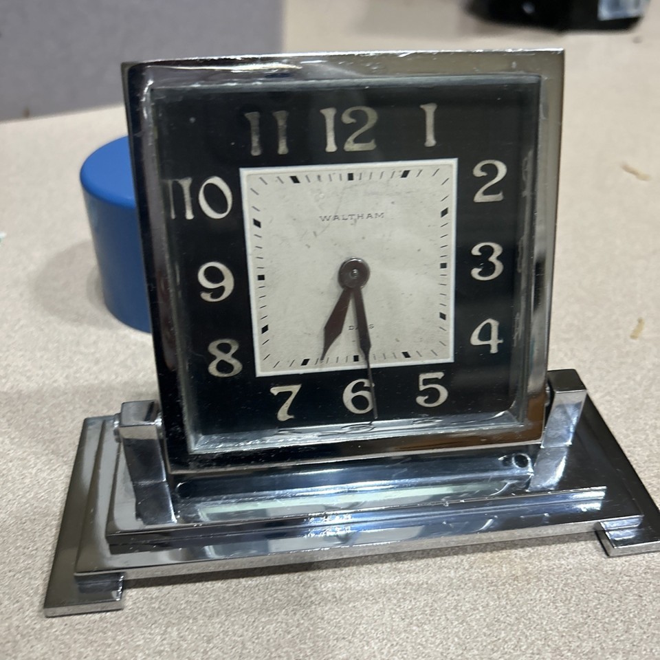 Antique Waltham 8 Day Clock Wind Up Art Deco Chrome Art Deco Desk ...