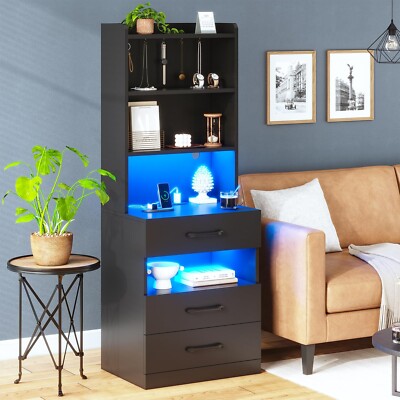 Tall Night Stand with LED Lights, Black Nightstand with 3 Drawers for ...