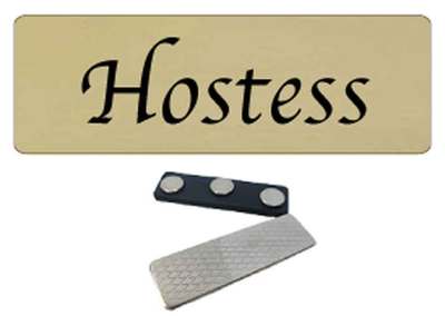 10 GOLD / BLACK HOSTESS NAME BADGE ROUNDED CORNERS STRONG MAGNET ...