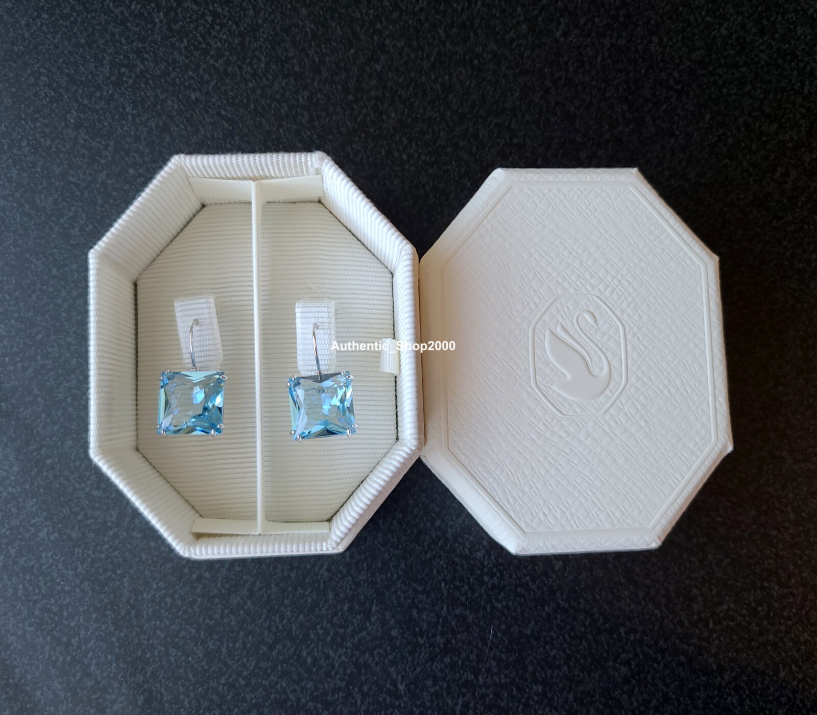 New 100% SWAROVSKI Rhodium Square Blue Crystals Millenia Drop Earrings ...