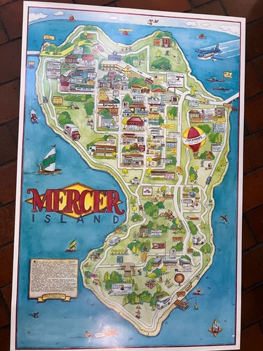 1988 Vintage Seattle MERCER ISLAND WA Cartoon Map 24x36 KRIEG BARRIE ...
