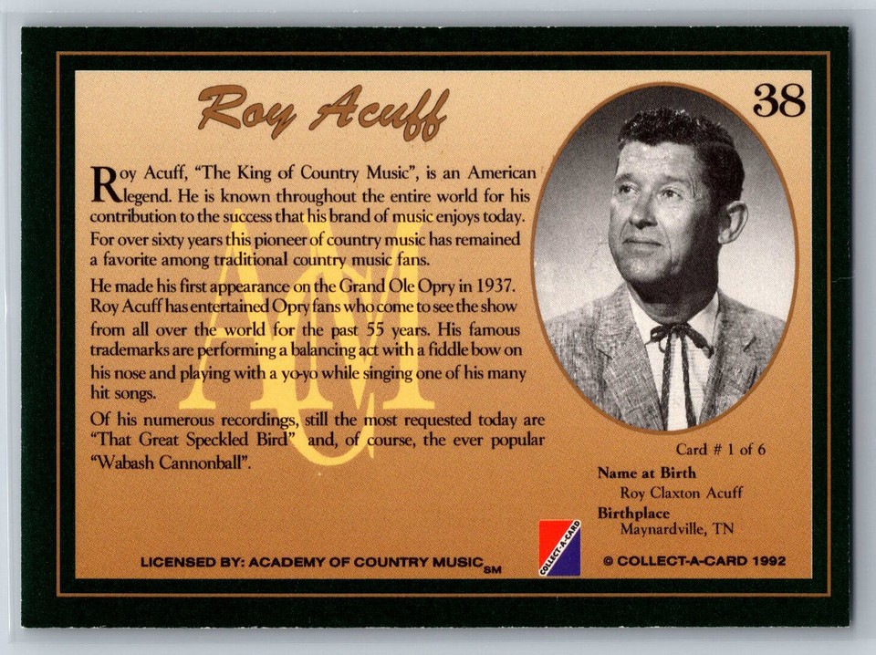 1992 Collect-A-Card Country Classics Roy Acuff #38 | eBay