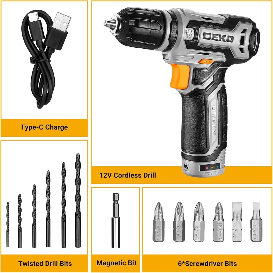 Cordless Drill: DEKO PRO 12V Power Battery Drill Set with Small ...