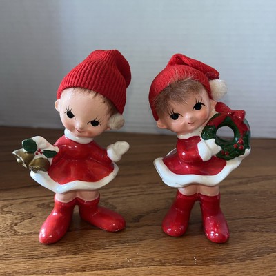 Two Napco Christmas Pixie Girl Elves Holding Bells & Wreath Japan ...