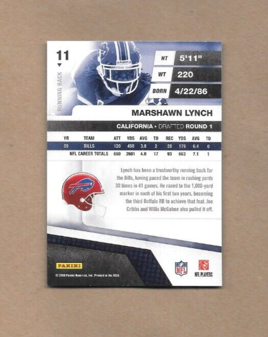 2010 Absolute Memorabilia Football Marshawn Lynch Card #11 Buffalo ...