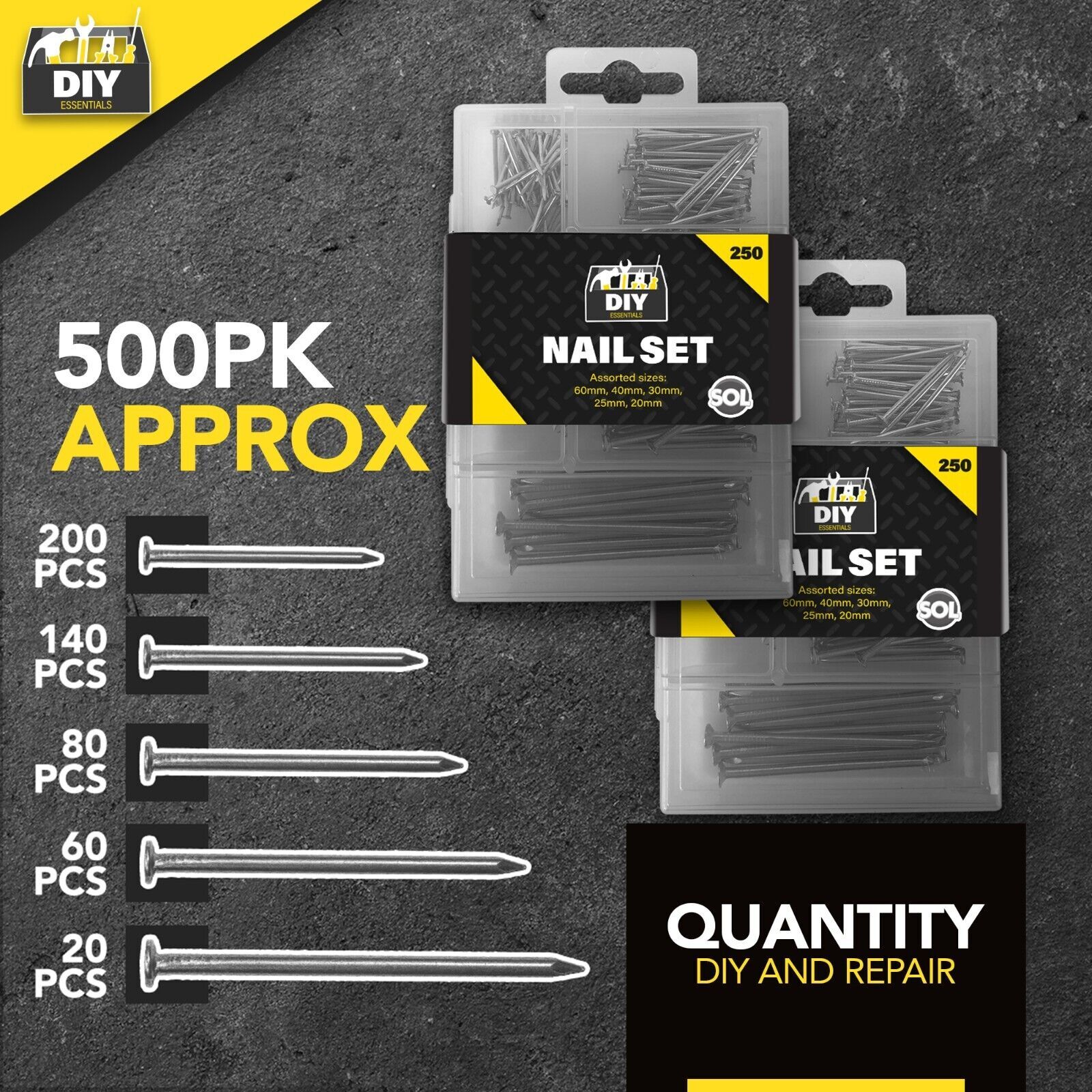 500 Assorted Flat Head Wood Nails Various DIY Carpentry Professional ...