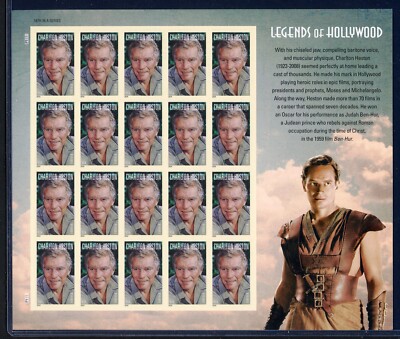 US Forever Sheet of 20 Scott #4892 CHARLTON HESTON LEGENDS HOLLYWOOD ...