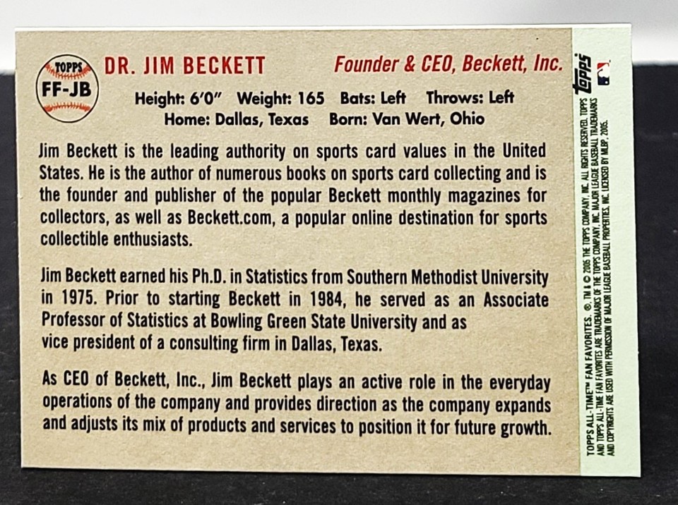 DR. JIM BECKETT Signed 2005 Topps Baseball Card #FF-JB Beckett Founder ...