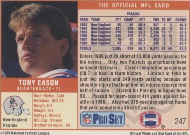 1989 Pro Set Tony Eason #247 for sale | eBay